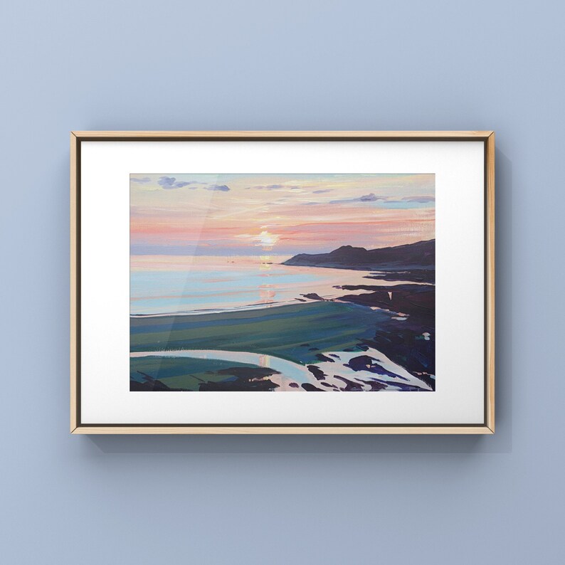 Woolacombe Devon Beach Painting Pink Sunset Wall Art Print Summer Art ...