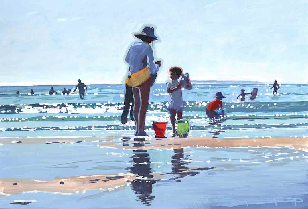 Original Summer Woolacombe Gouache Painting Devon Coastal Family ...