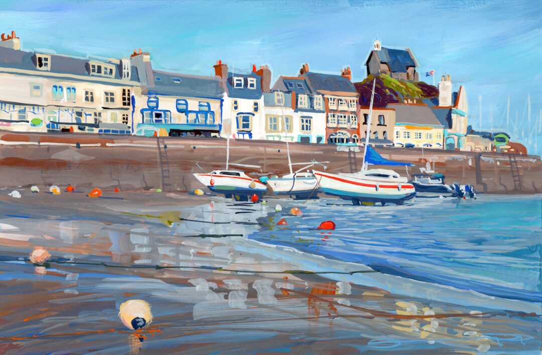 Harbour Picture Sailing Boats Art Print Blue Sky Devon Cornwall Yachts ...