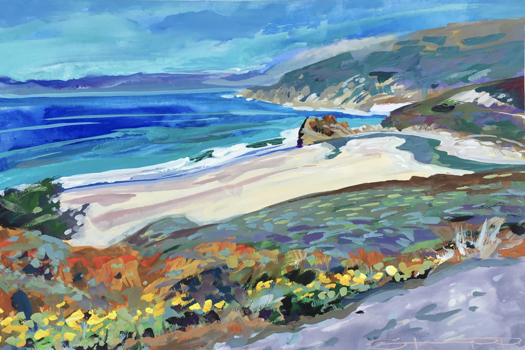 Original Gouache Beach Painting Coastal Landscape Picture Sea Waves Art ...