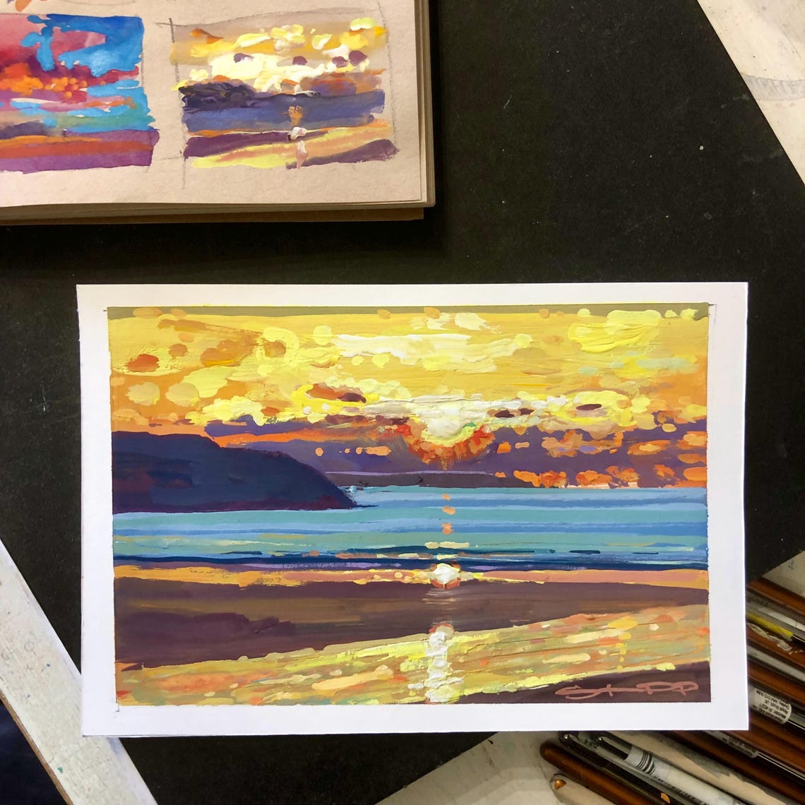 Original Woolacombe Sunset Gouache Painting Devon Coastal Landscape ...