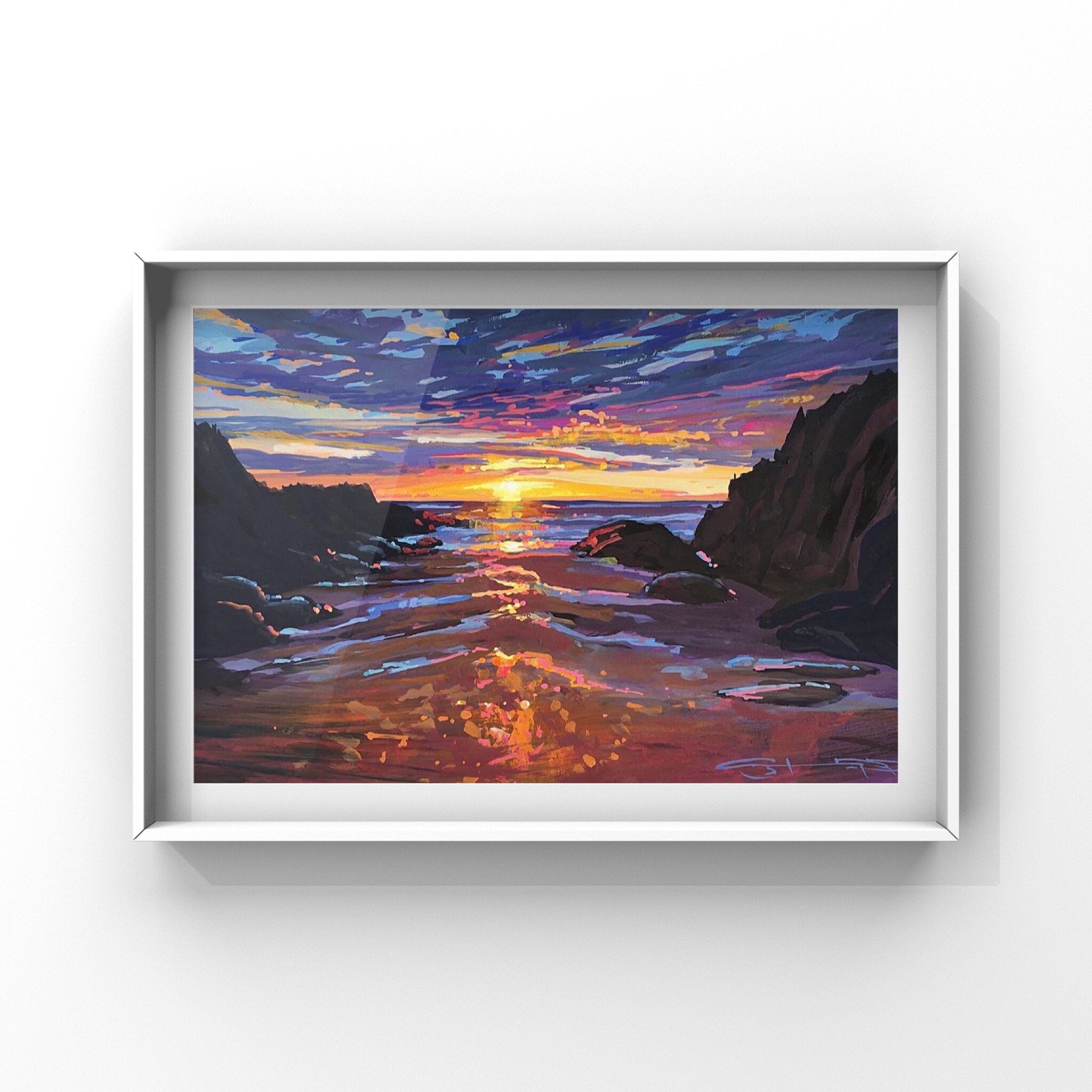 Original Woolacombe Sunset Gouache Painting Devon Coastal Landscape ...
