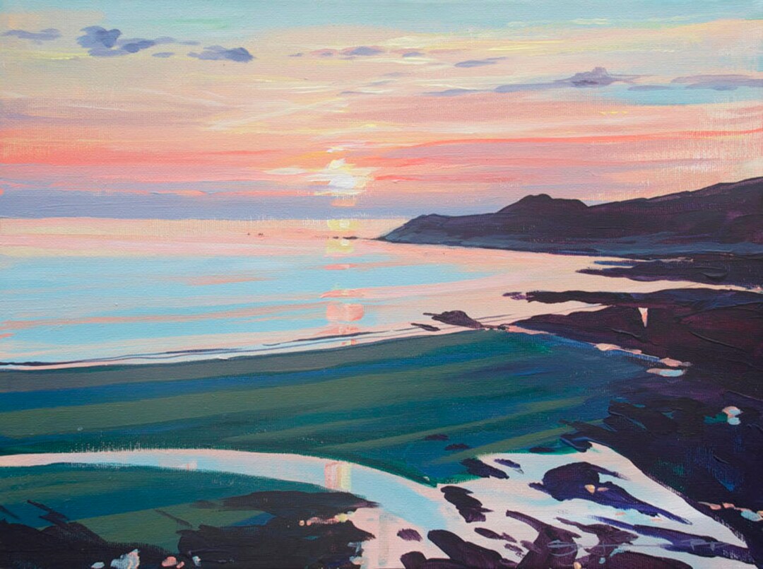 Woolacombe Devon Beach Painting Pink Sunset Wall Art Print Summer Art ...