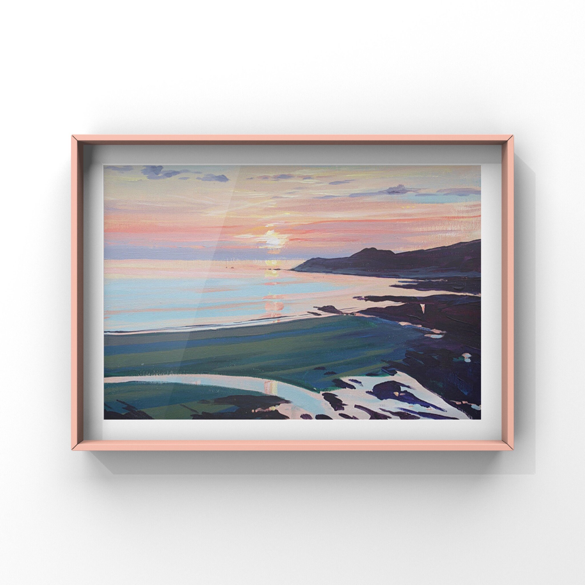 Woolacombe Devon Beach Painting Pink Sunset Wall Art Print Summer Art ...