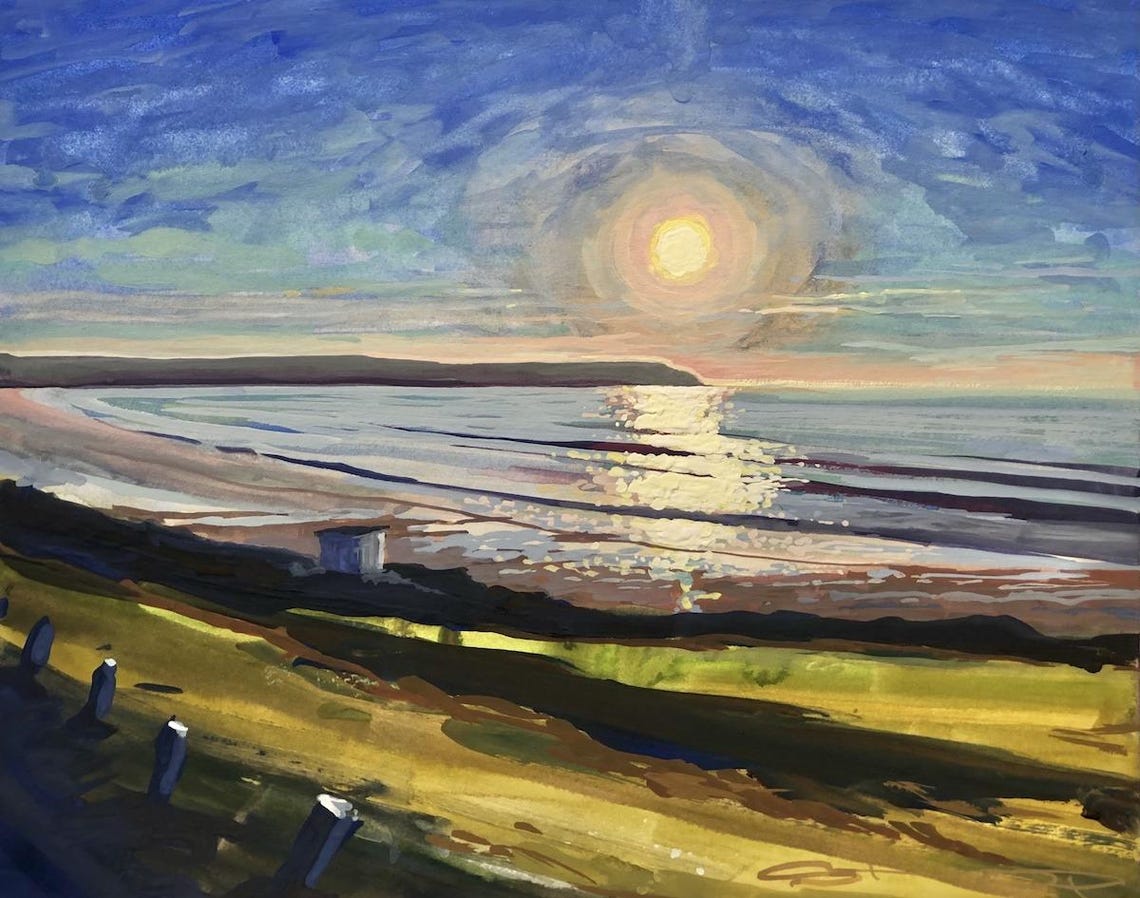 Original Woolacombe Sunset Gouache Painting Devon Coastal Landscape ...