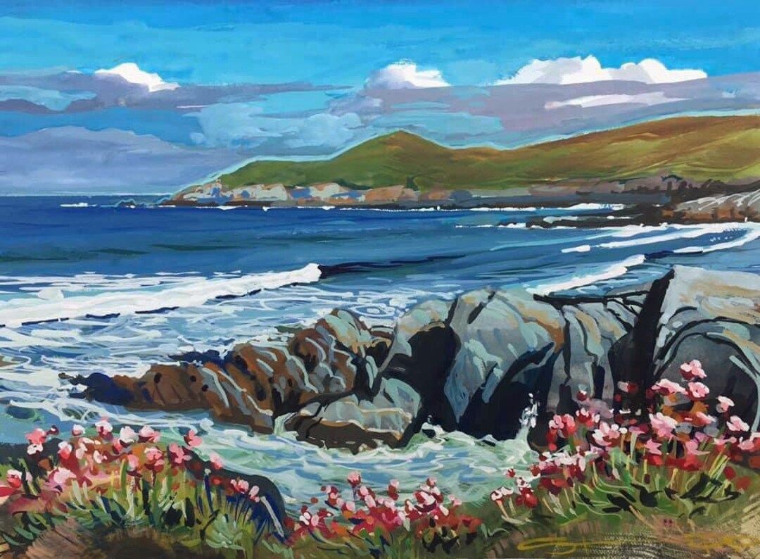 Sea Devon Beach Print May Sea Pinks Sea Picture Coast Art Print From an ...