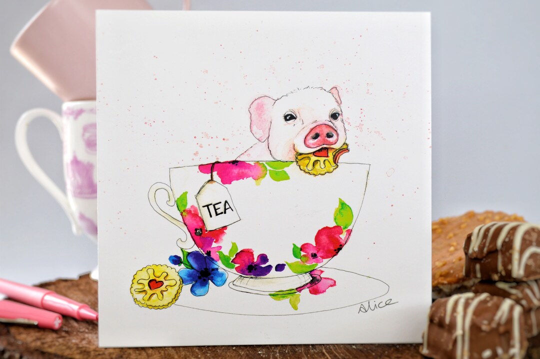 Teacup Pig Greetings Card, Greetings Card. Pig. Bithday Card. Any Event ...
