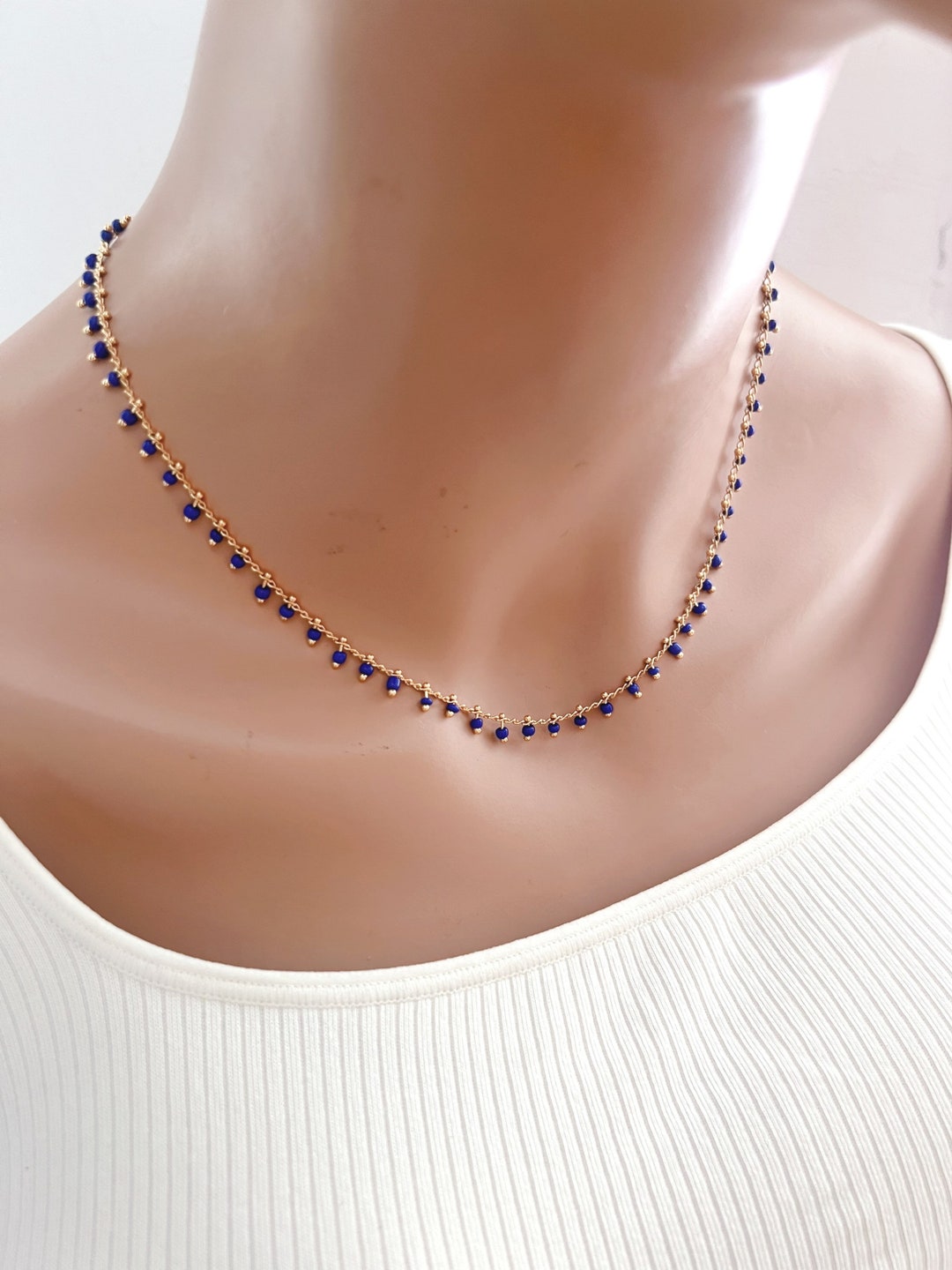 Gold Chain Choker Necklace Beaded Chain Necklace Blue Beads Choker ...