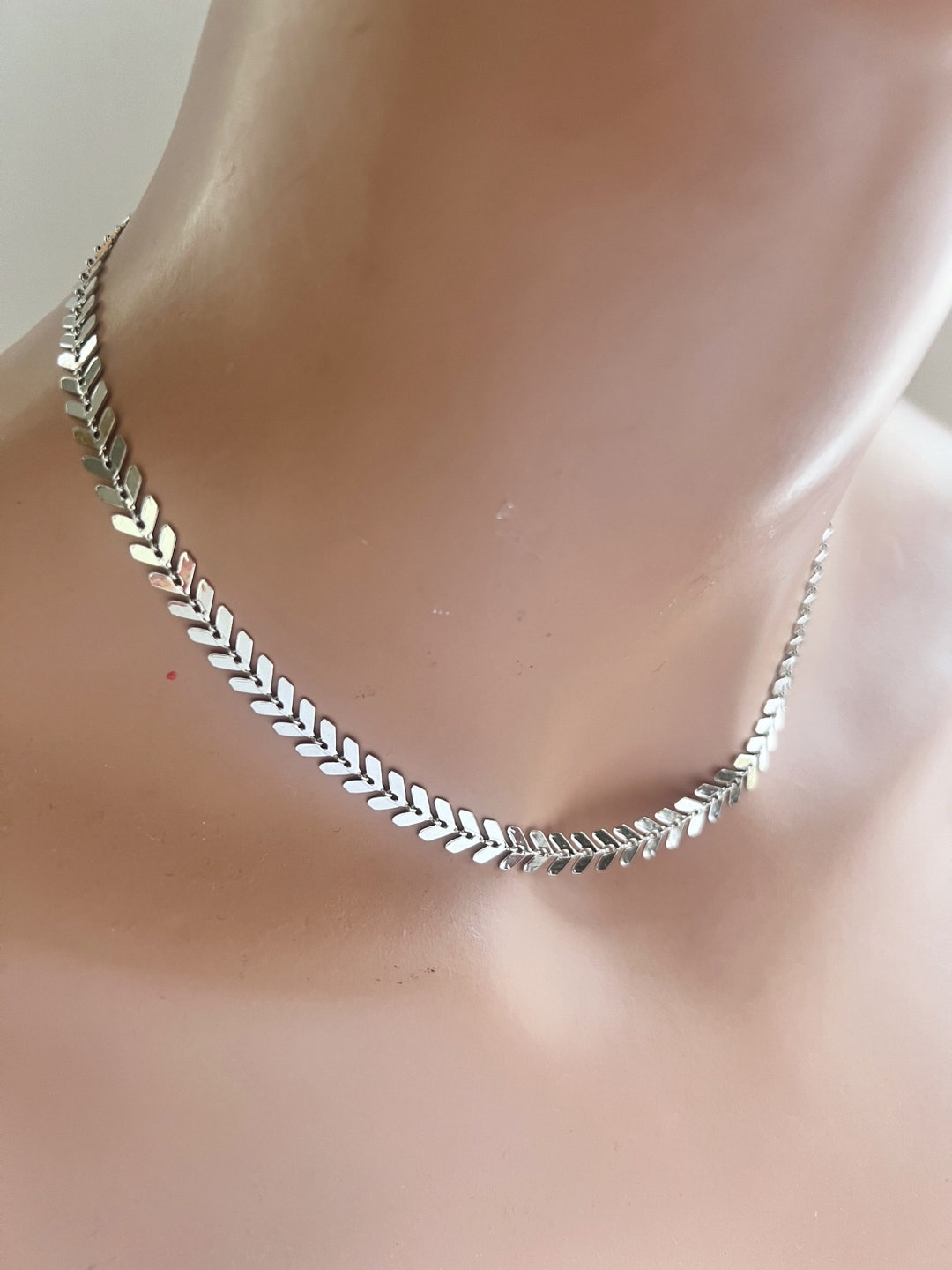 Silver Chevron Chain Choker Necklace Silver Choker Fishbone Chain ...