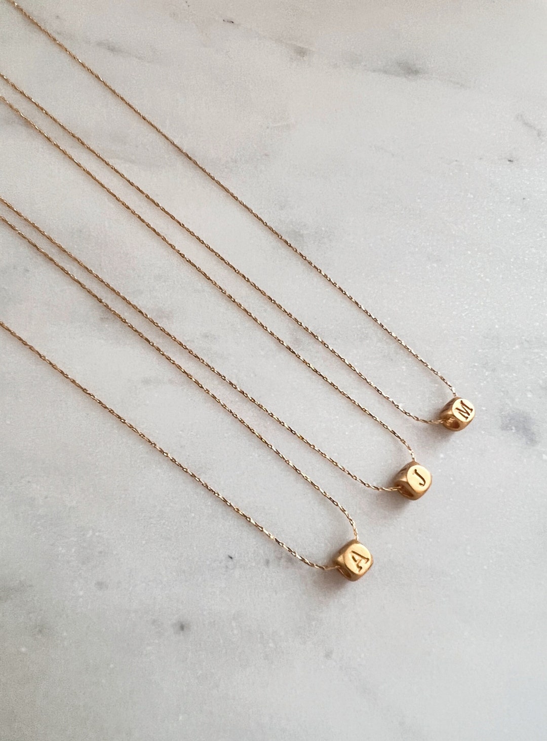 Dainty Gold Initial Necklace Initial Bead Necklace Custom Engraved Tag ...