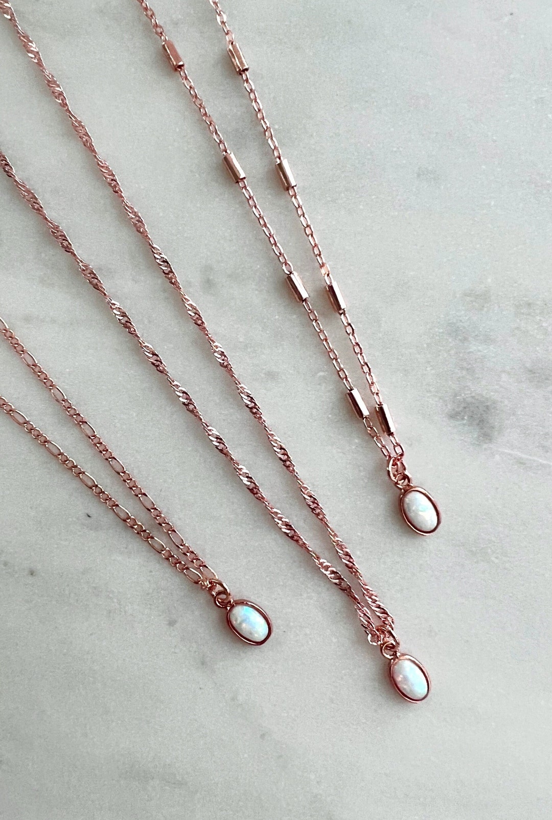 Opal Necklace Rose Gold Chain Necklace White Opal Necklace Figaro Chain ...