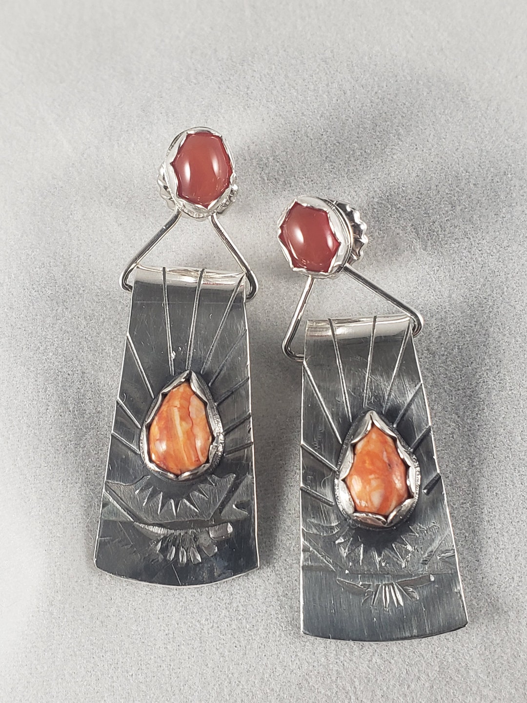 Spiny Oyster and Silver Earrings, Silver Dangle Earrings, Carnelian and ...