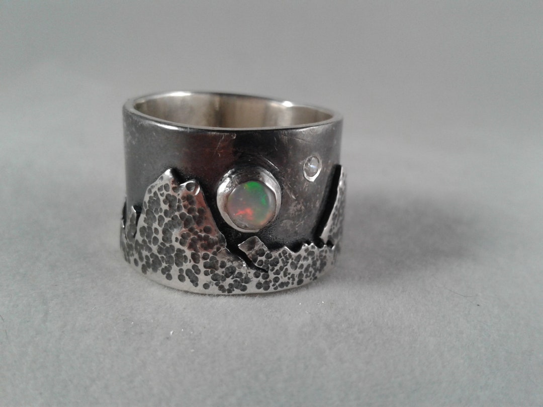 Mountain Sky Ring, Big Sky Ring With Opal, Mountain Scene Ring ...