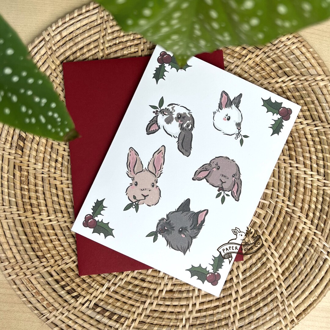 Xmas Holly Buns | Christmas Card, Holiday Card, Bunny Card, Blank Card ...