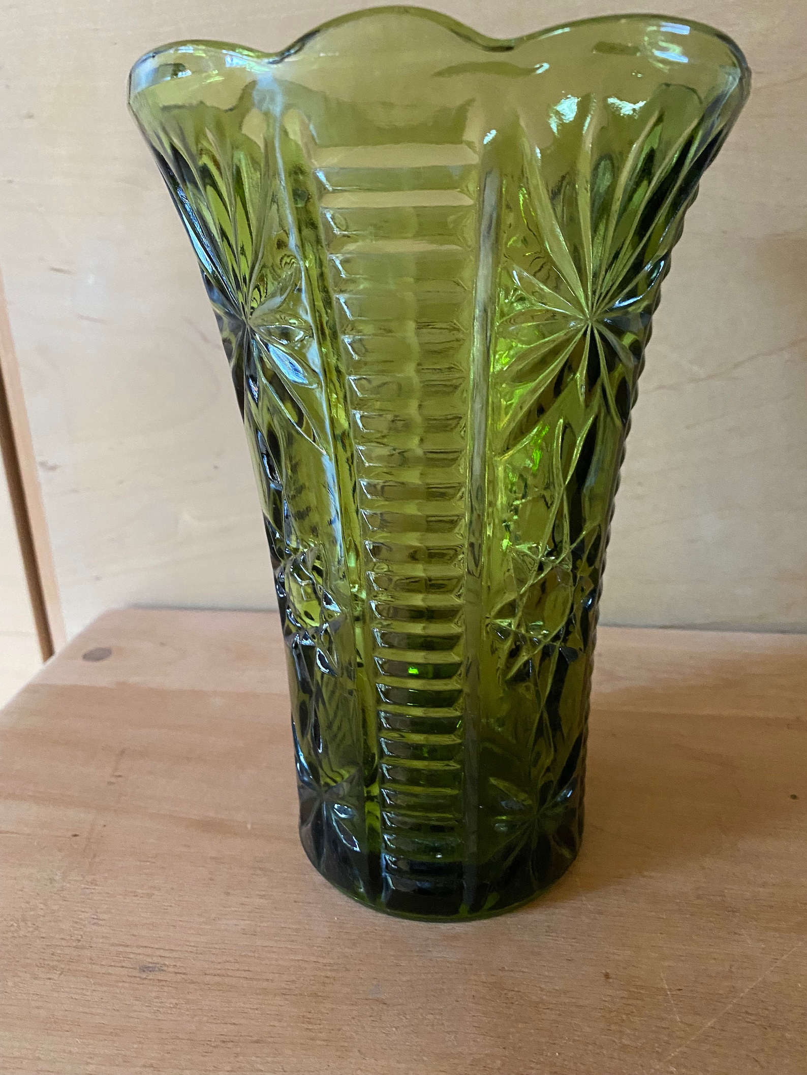 Green Pressed Glass Tall Vase Etsy