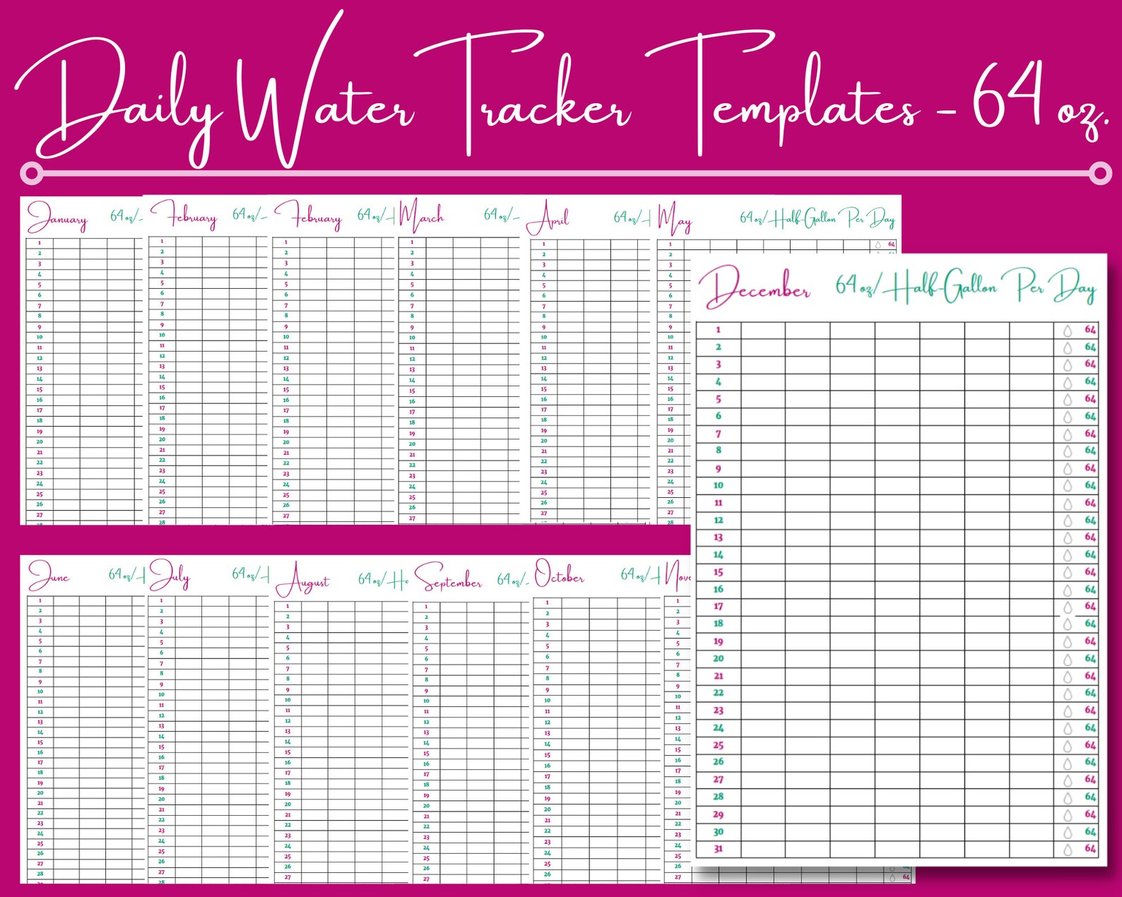 Water Tracker Printable Habit Tracker Daily Monthly Yearly PDF Half ...