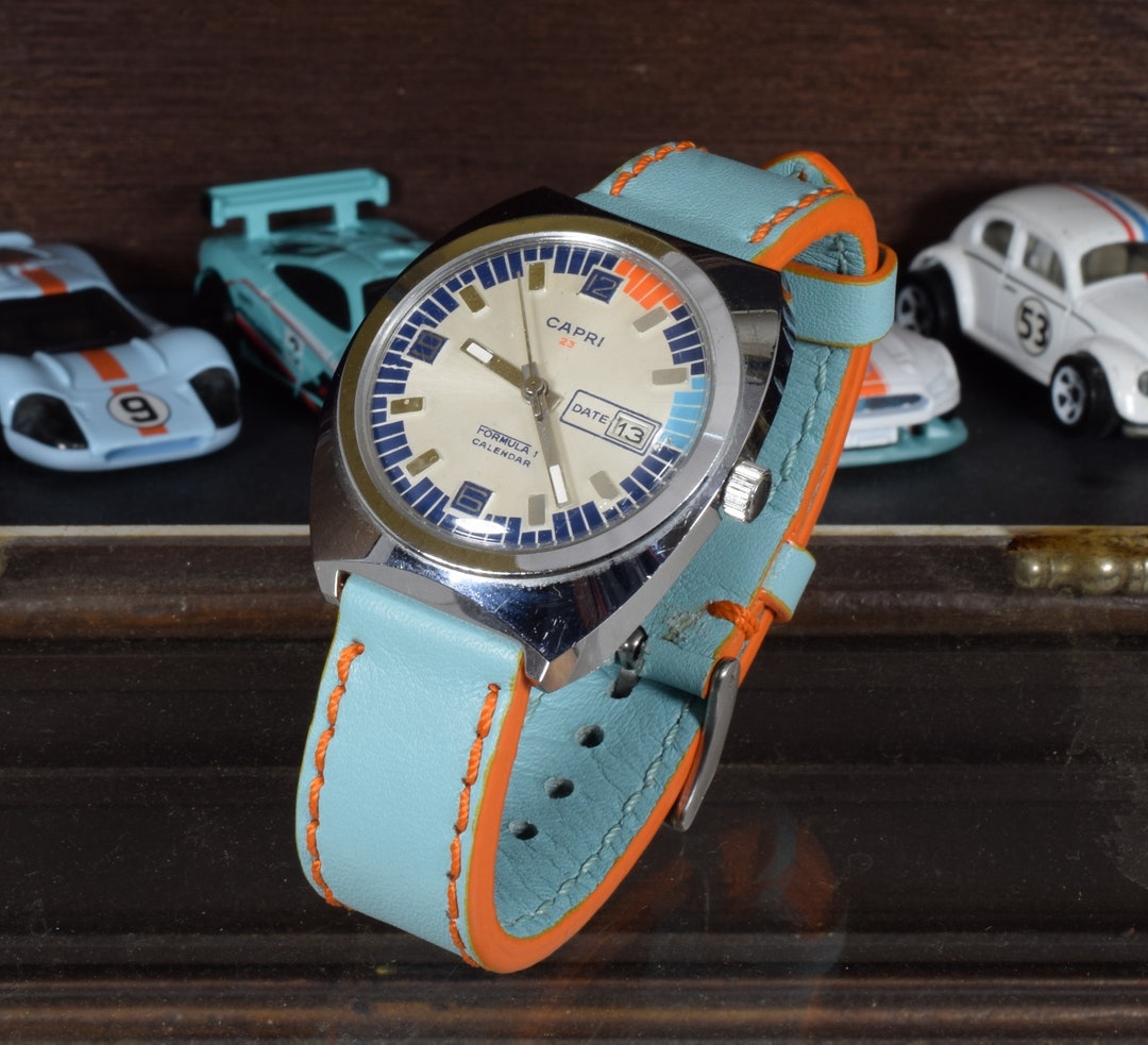 Gulf Blue Leather Racing Watch Strap, Handmade Band 22 20 18 Mm - Etsy