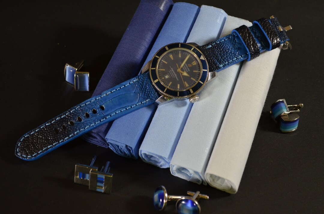 Fantasy Blue Genuine Ostrich Leg Skin Watch Strap 26 24 22 Mm, Handmade ...