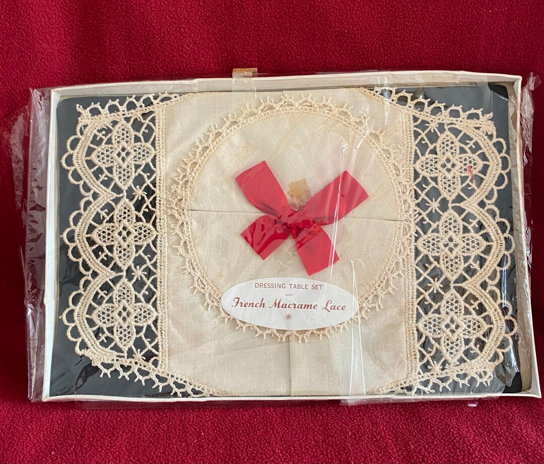 Boxed French Macrame Lace Dressing Table Set. Beige. Cream. Linen ...