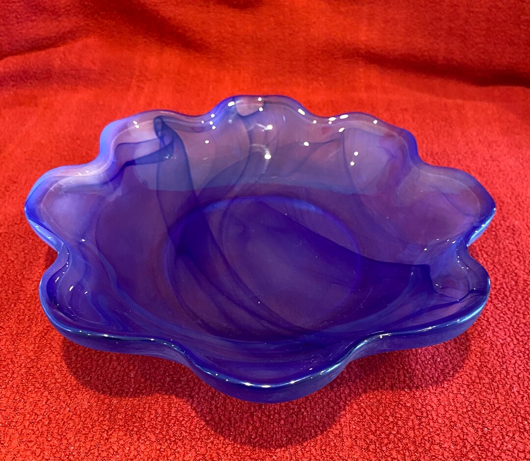 Blue Marbled Glass Candy Sweet Dish. Cobalt Blue Glass. Wavy Rim. 19 ...