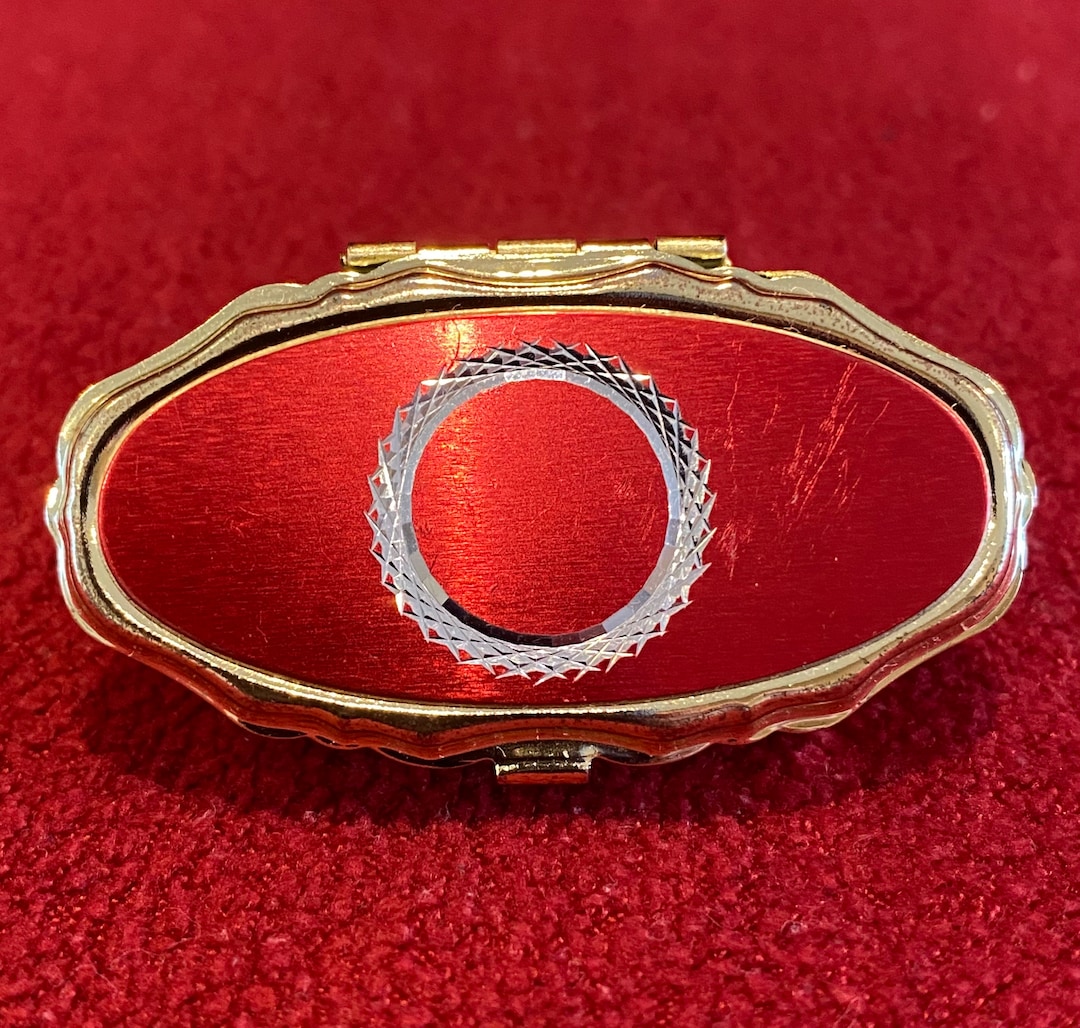 Red and Gold Metal and Plastic Pill Box. Diamond Cut. Two Compartment ...