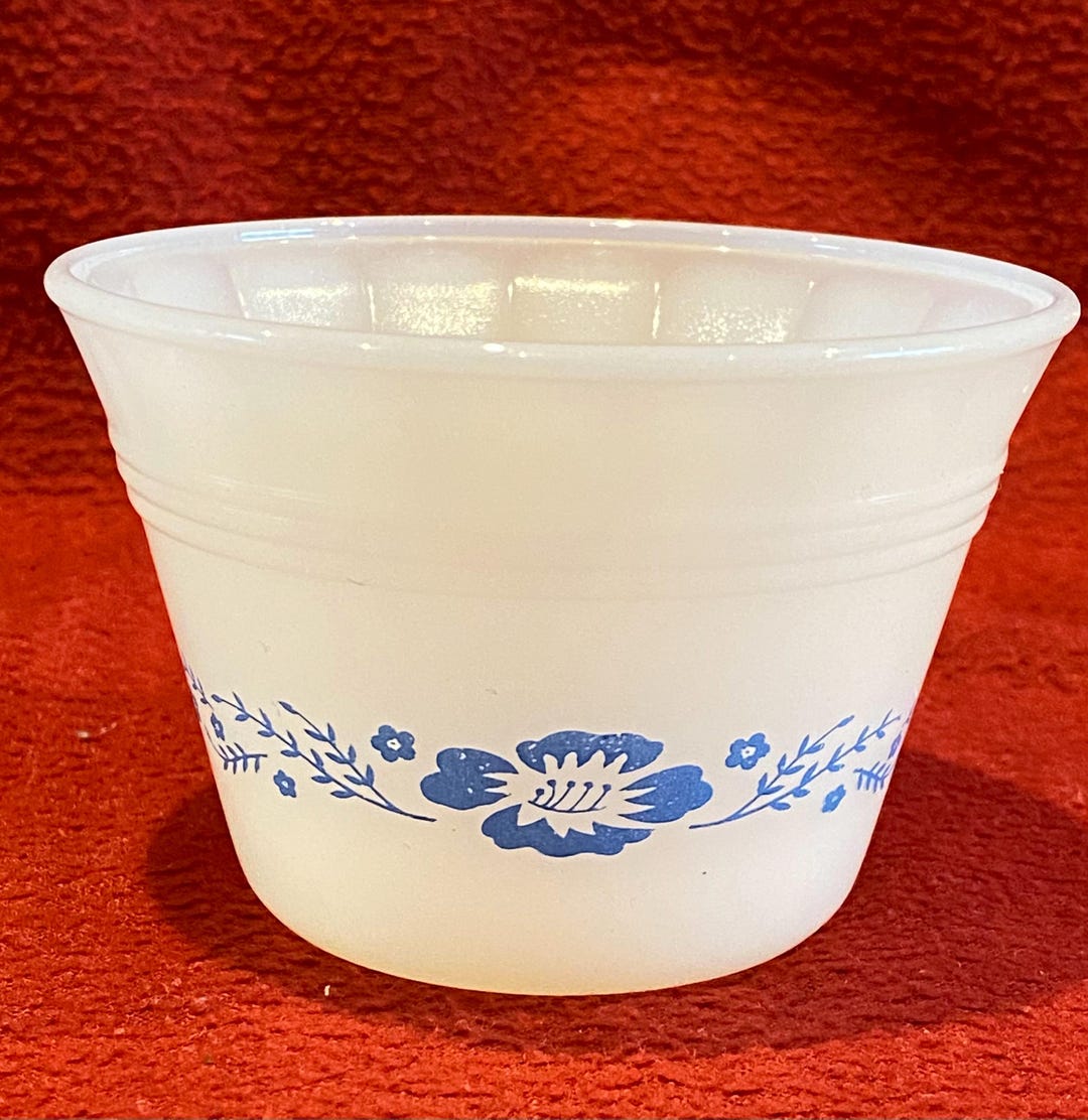 Termocriso Mexico Milk Glass Blue Flower Pattern Ramekin, Custard Cup ...