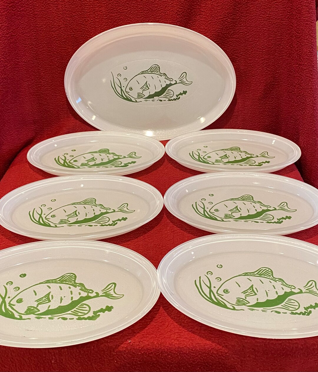 Phoenix Opalware Fish Pattern Set of Six Plates and One Serving Plate ...