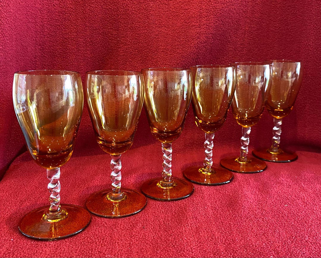 Boxed Set of Six Amber Coloured Glass Sherry Glasses With Clear Glass ...
