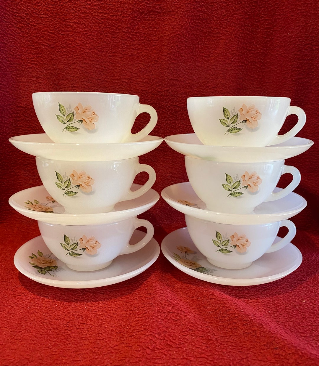 Arcopal Set of Six Pink Rose Pattern Espresso Cups and Saucers. 1970's ...
