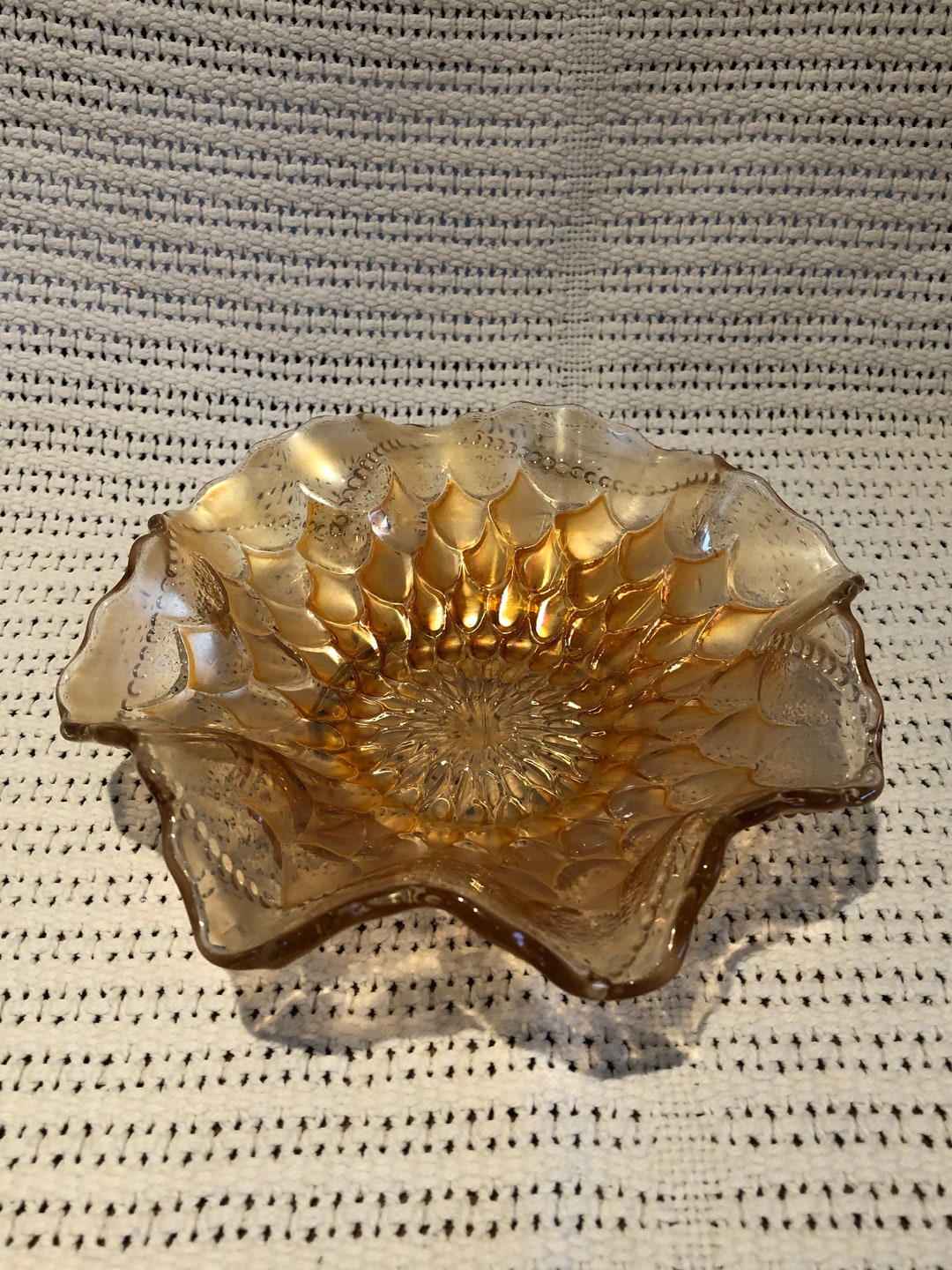 Vintage Dugan Carnival Glass Candy Dish: Peach Opalescent Fish Scale ...