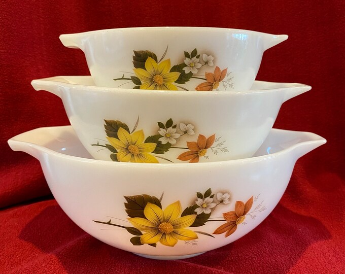 Pyrex JAJ Autumn Glory Dahlia Cinderella Mixing Bowl Trio 1pint #441 ...
