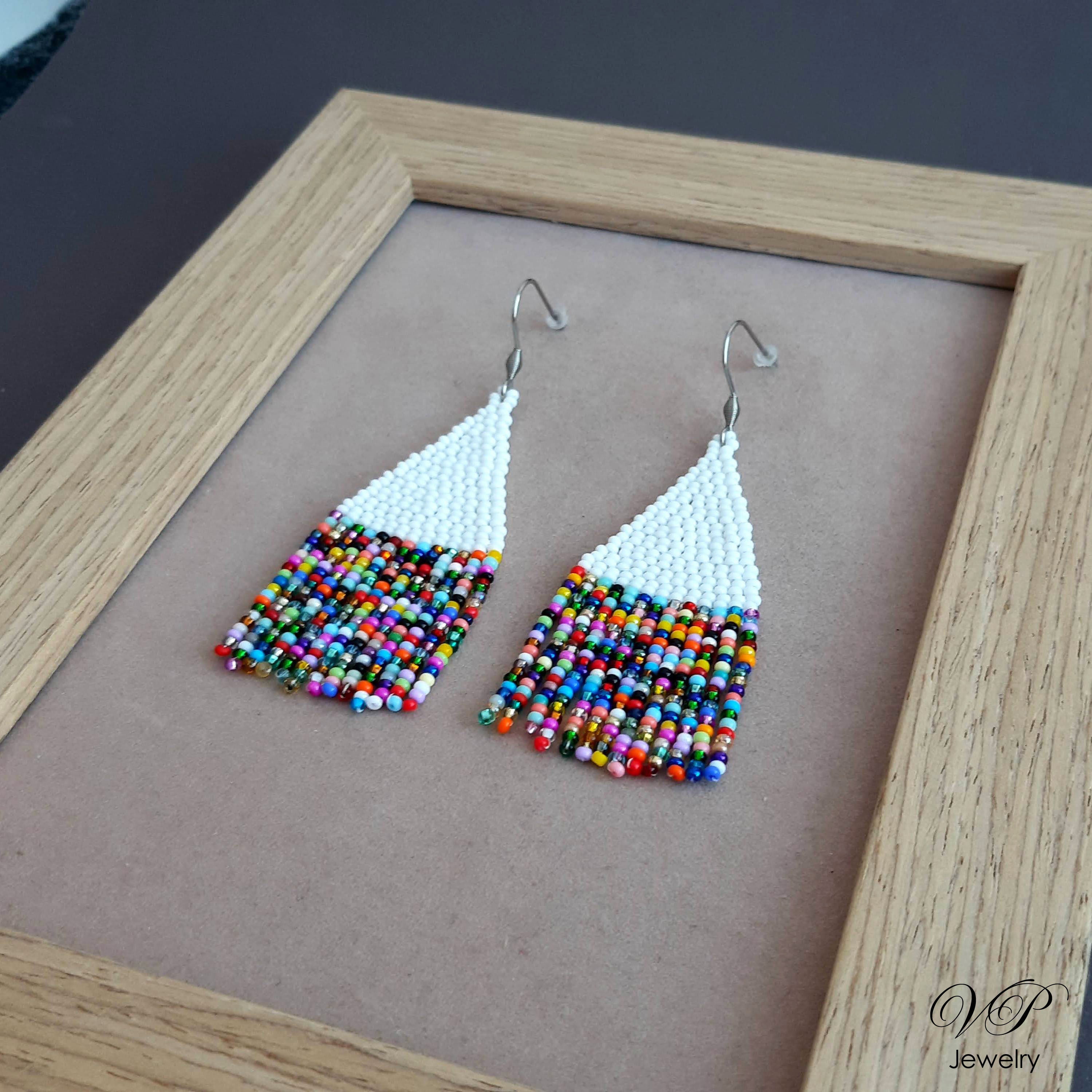 Colorful and white beaded earrings Seed bead earrings | Etsy