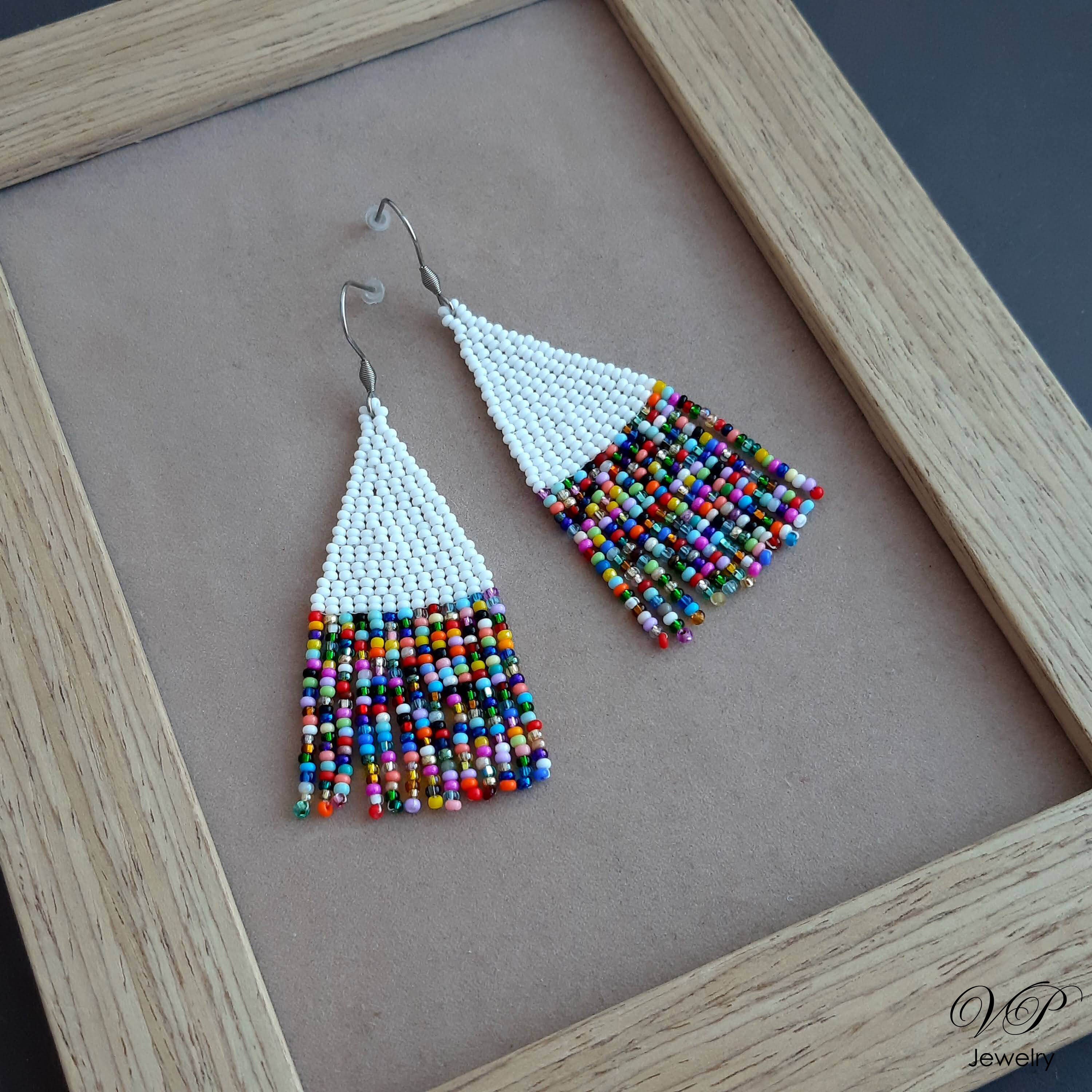 Colorful and White Beaded Earrings Seed Bead Earrings - Etsy