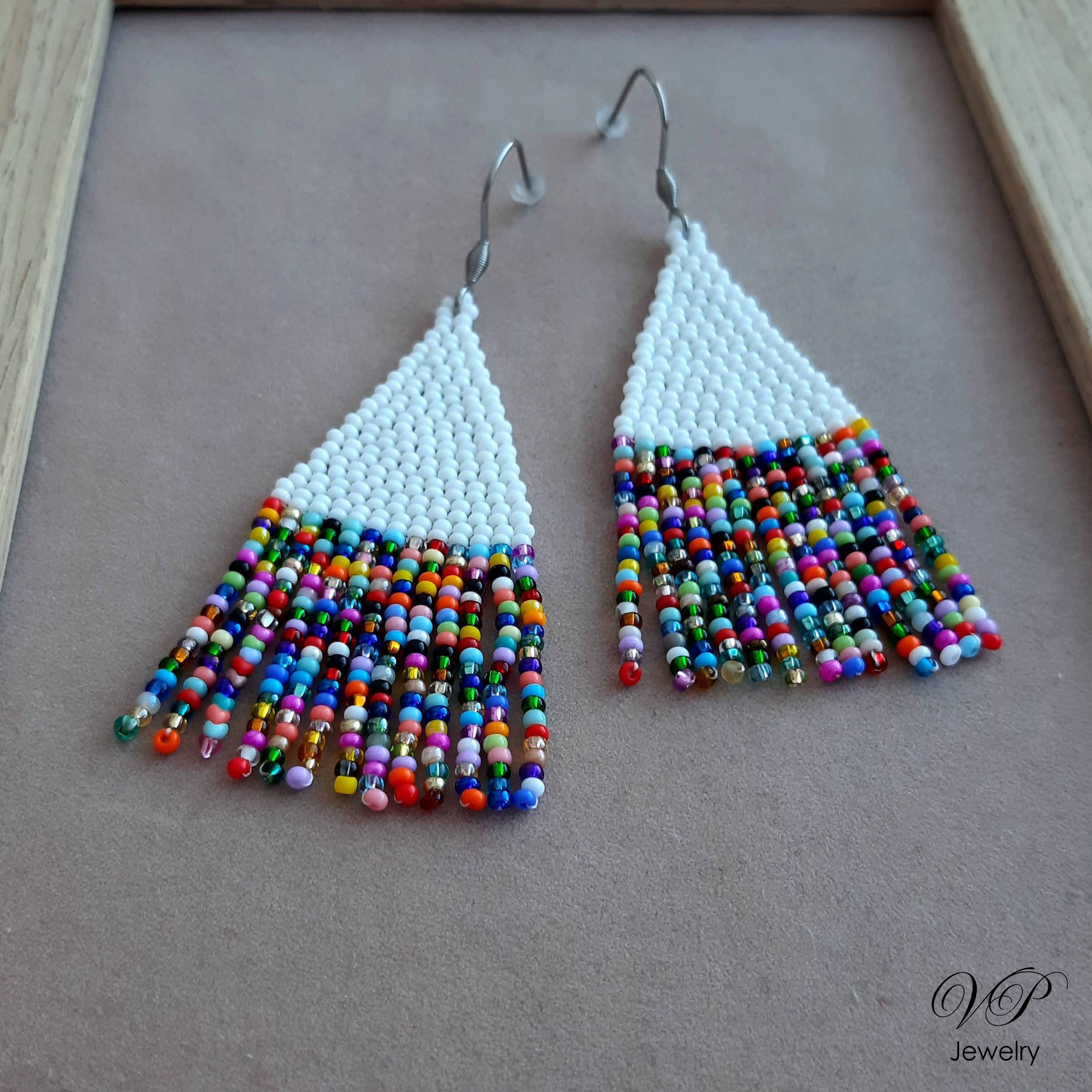Colorful and White Beaded Earrings Seed Bead Earrings - Etsy