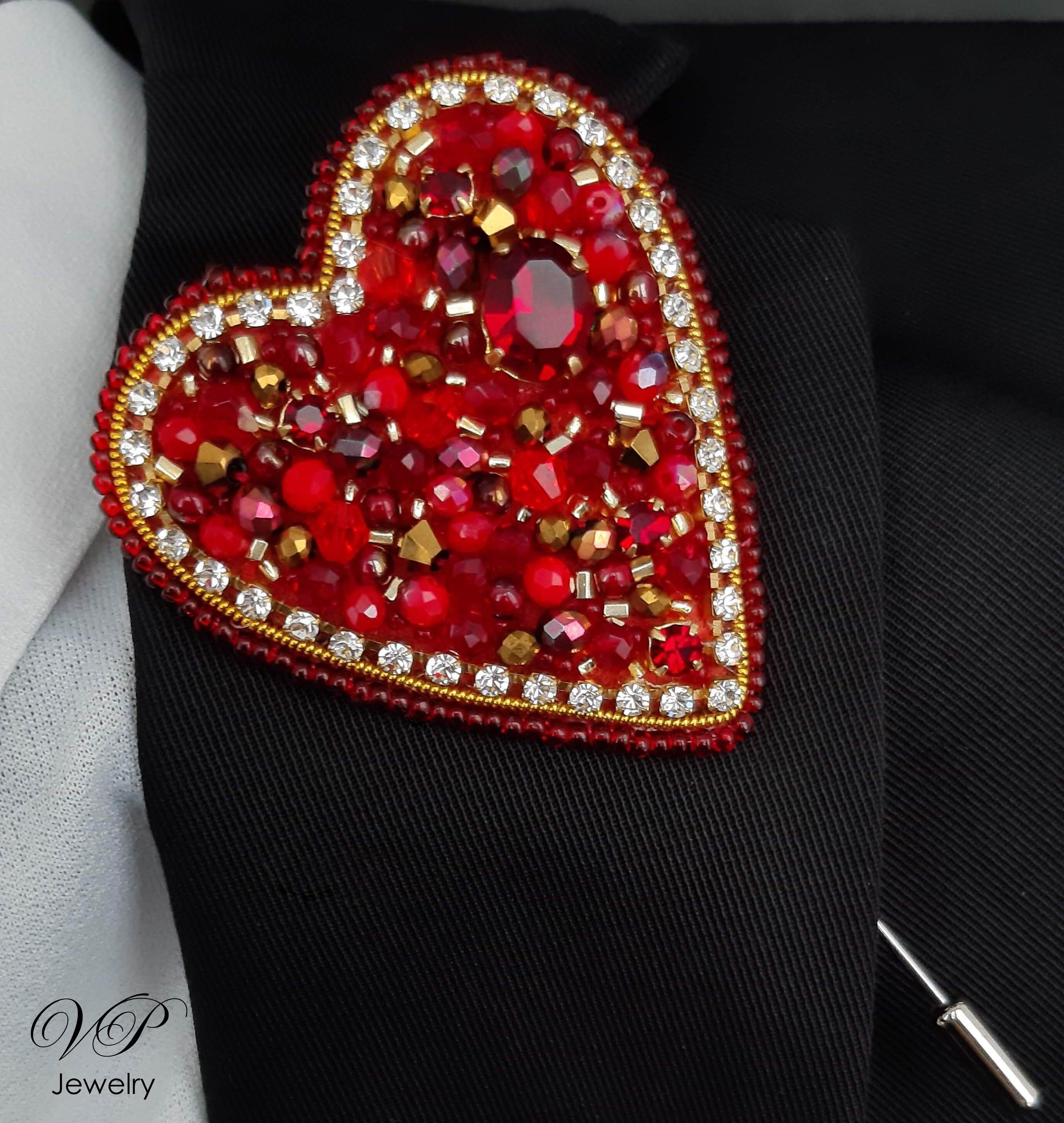 Heart Brooch Pin Red Beaded Brooch Embroidery Brooch - Etsy