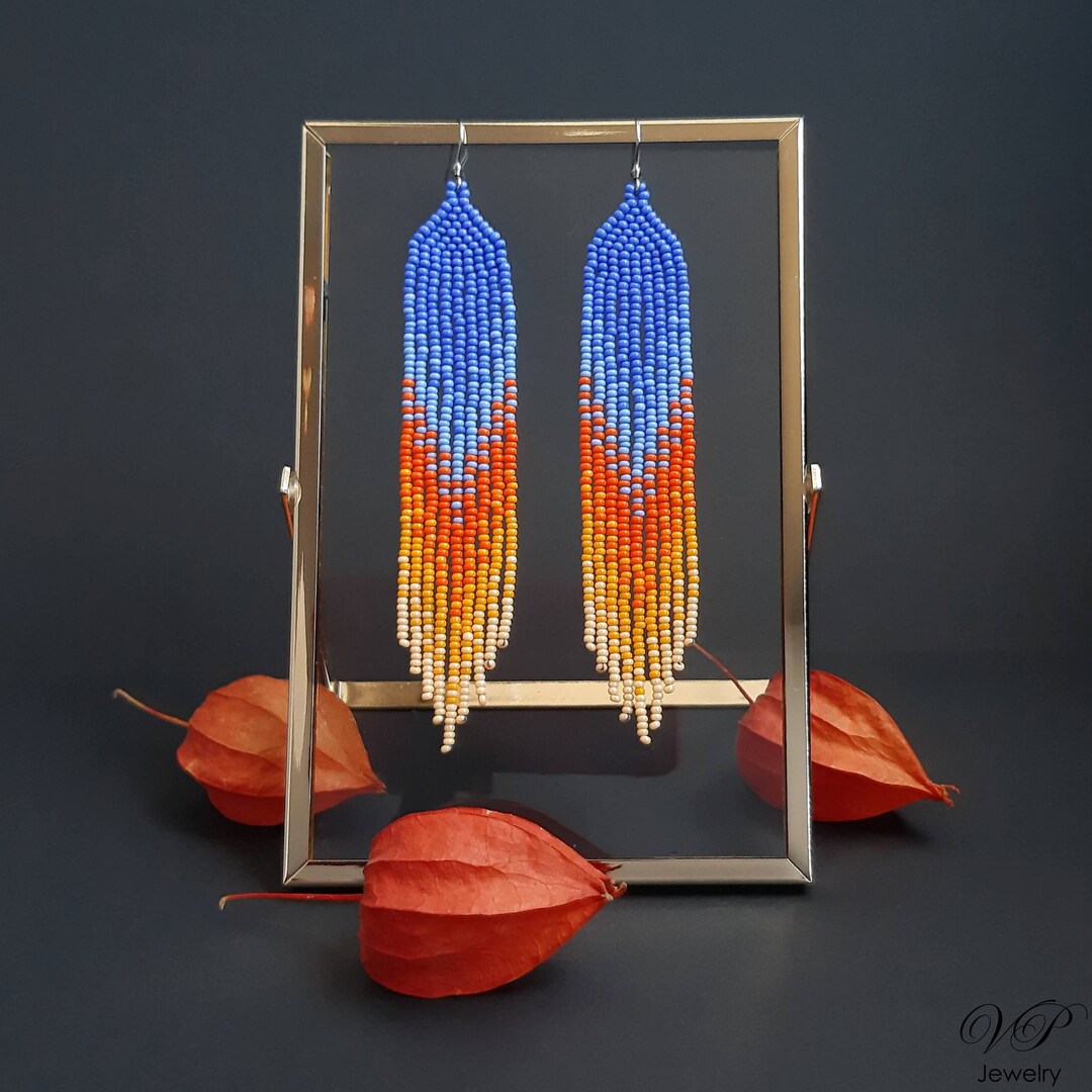 Violet Orange Beaded Earrings Chandelier Earrings Gradient Fringe ...