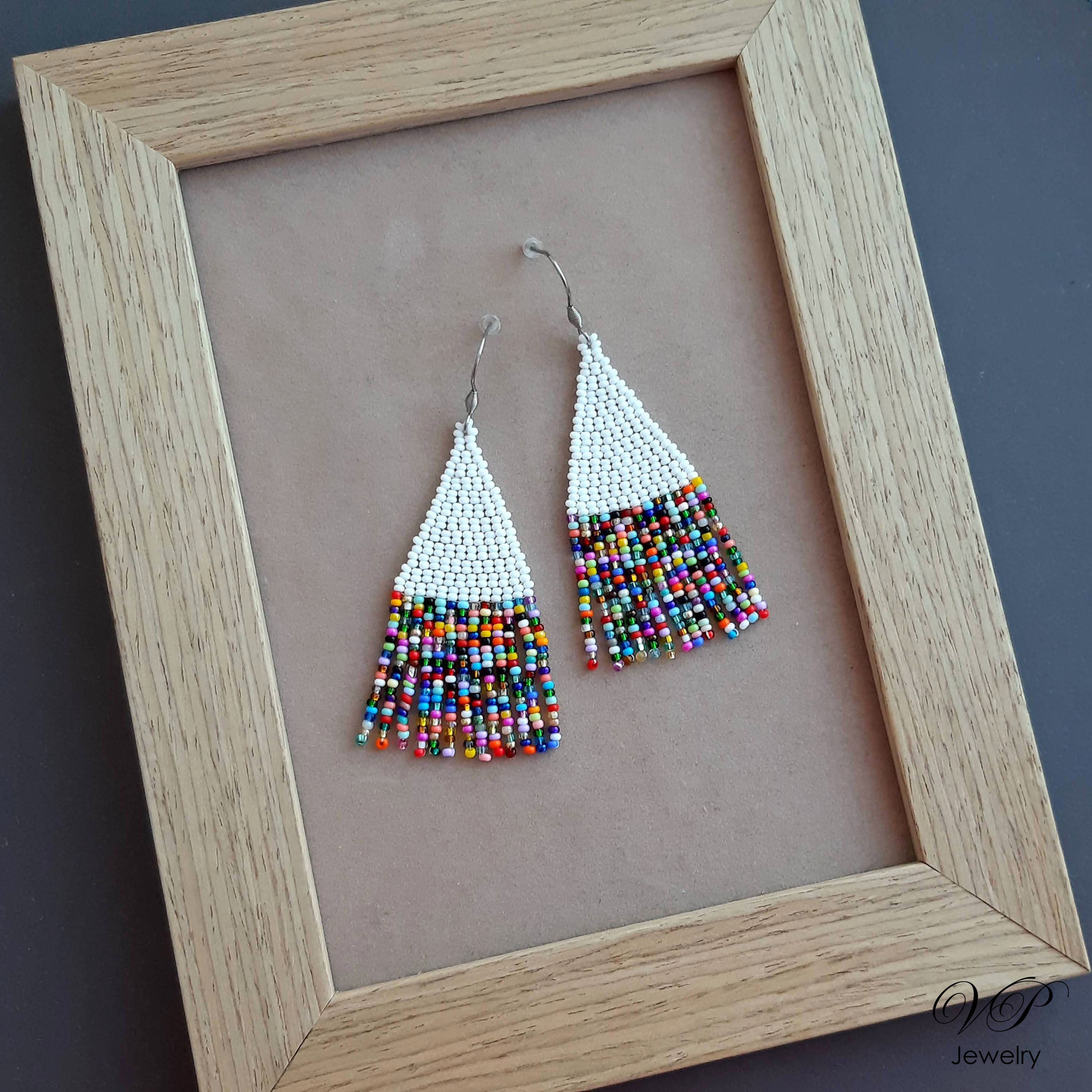 Colorful and White Beaded Earrings Seed Bead Earrings - Etsy