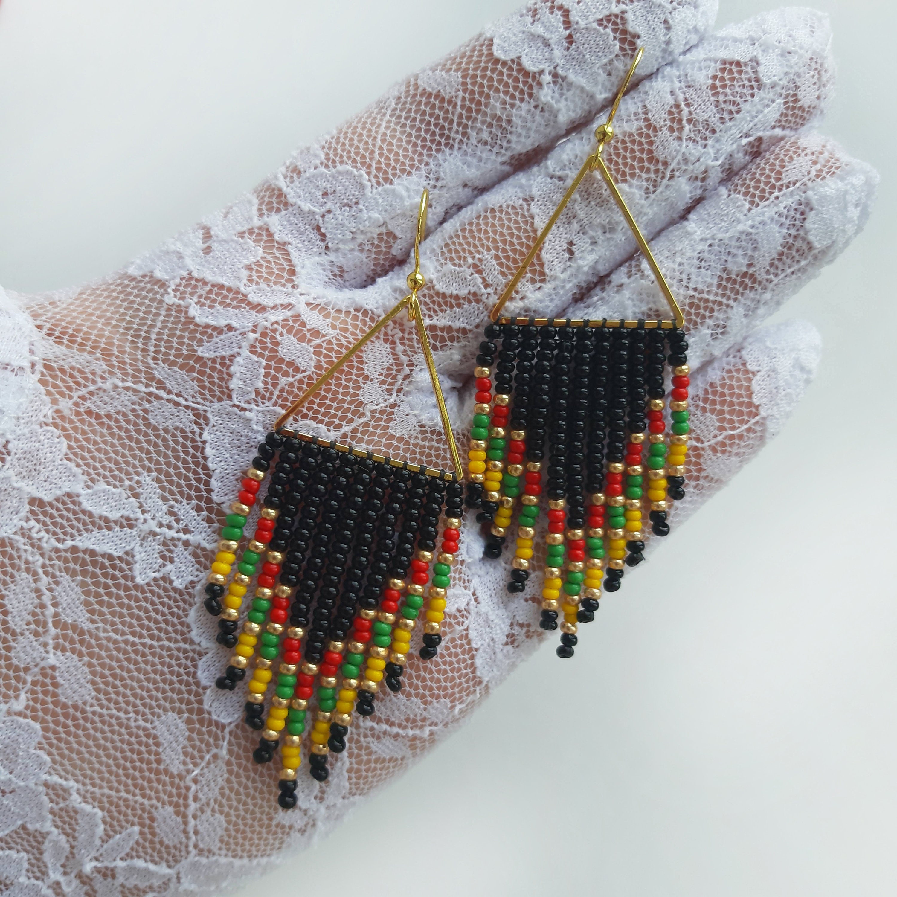 Triangle Red Green Yellow Beaded Earrings Chandelier Earrings Gradient ...