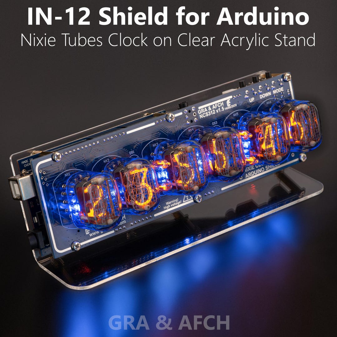 IN-12 Arduino Shield Nixie Tubes Clock With Sockets on Acrylic Stand GPS, Temp. Sensor, Remote ...