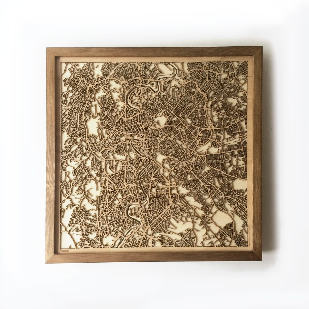 Rome Wooden Map - Walnut Laser Cut Streets City Maps 3d Framed Minimal ...