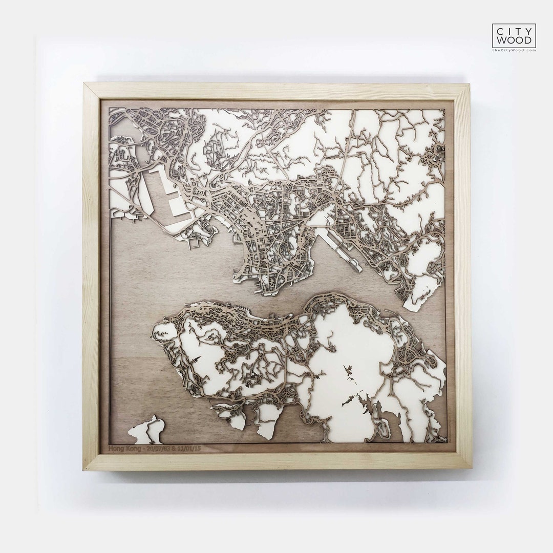 Hong Kong Wooden Map - Pinewood Laser Cut Streets City Maps 3d Framed ...