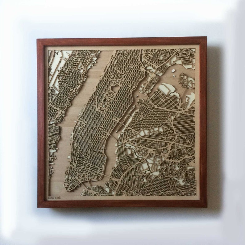 New York Wooden Map Mahogany Laser Cut Streets City Maps 3d | Etsy