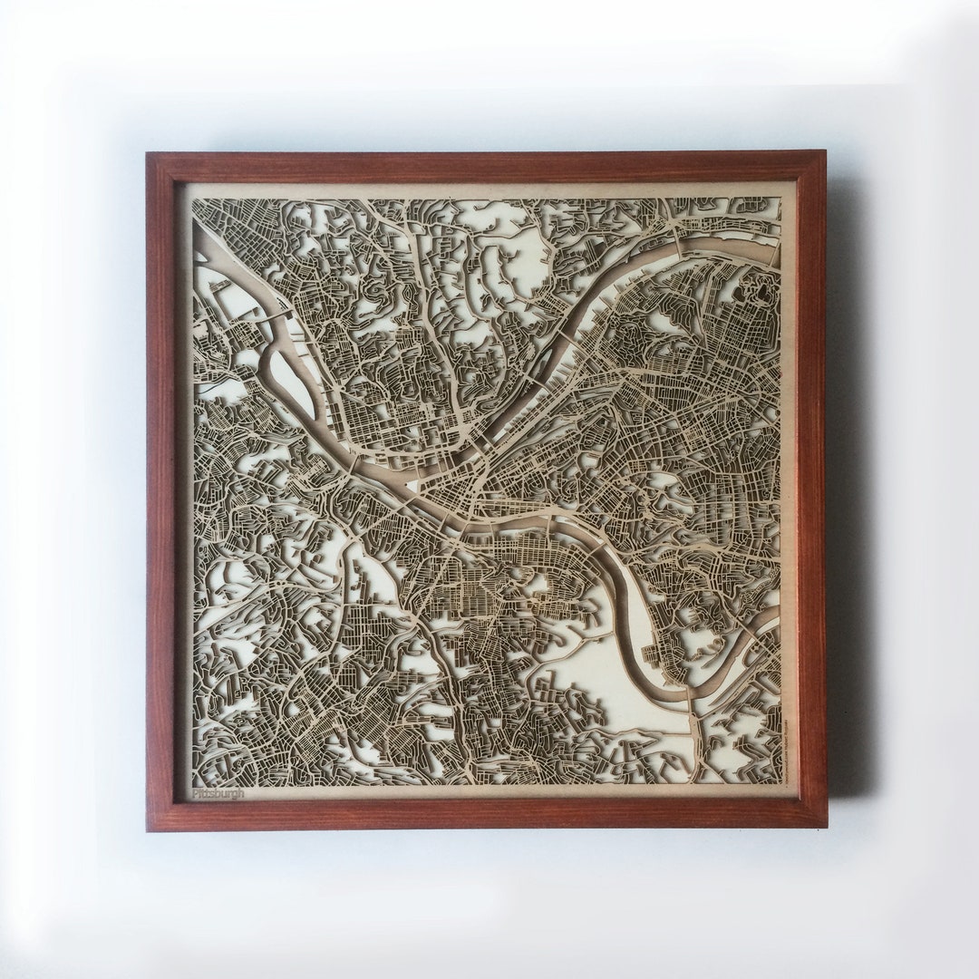 Pittsburgh Wooden Map - Mahogany Laser Cut Streets City Maps 3d Framed ...