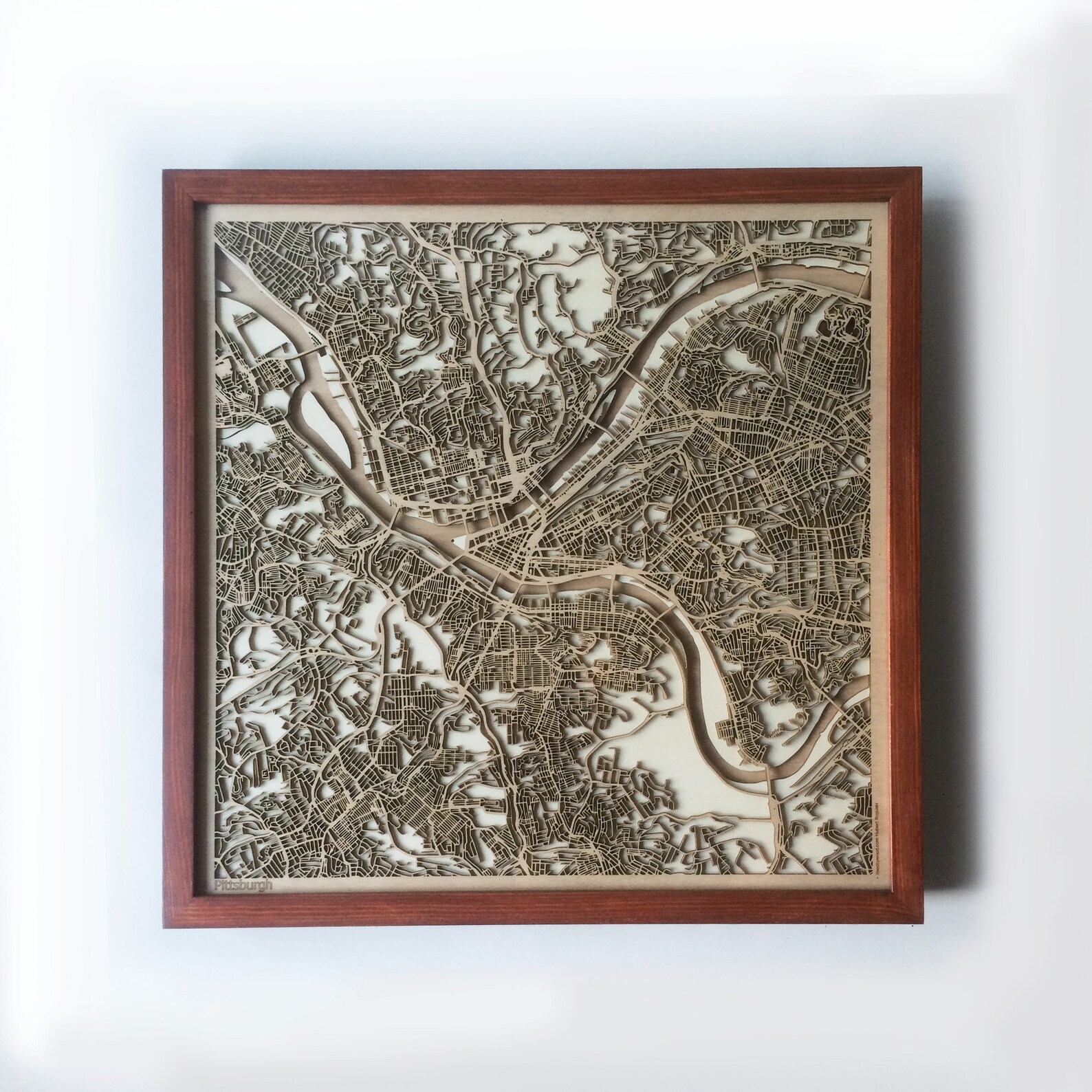 Pittsburgh Wooden Map - Mahogany Laser Cut Streets City Maps 3d Framed ...