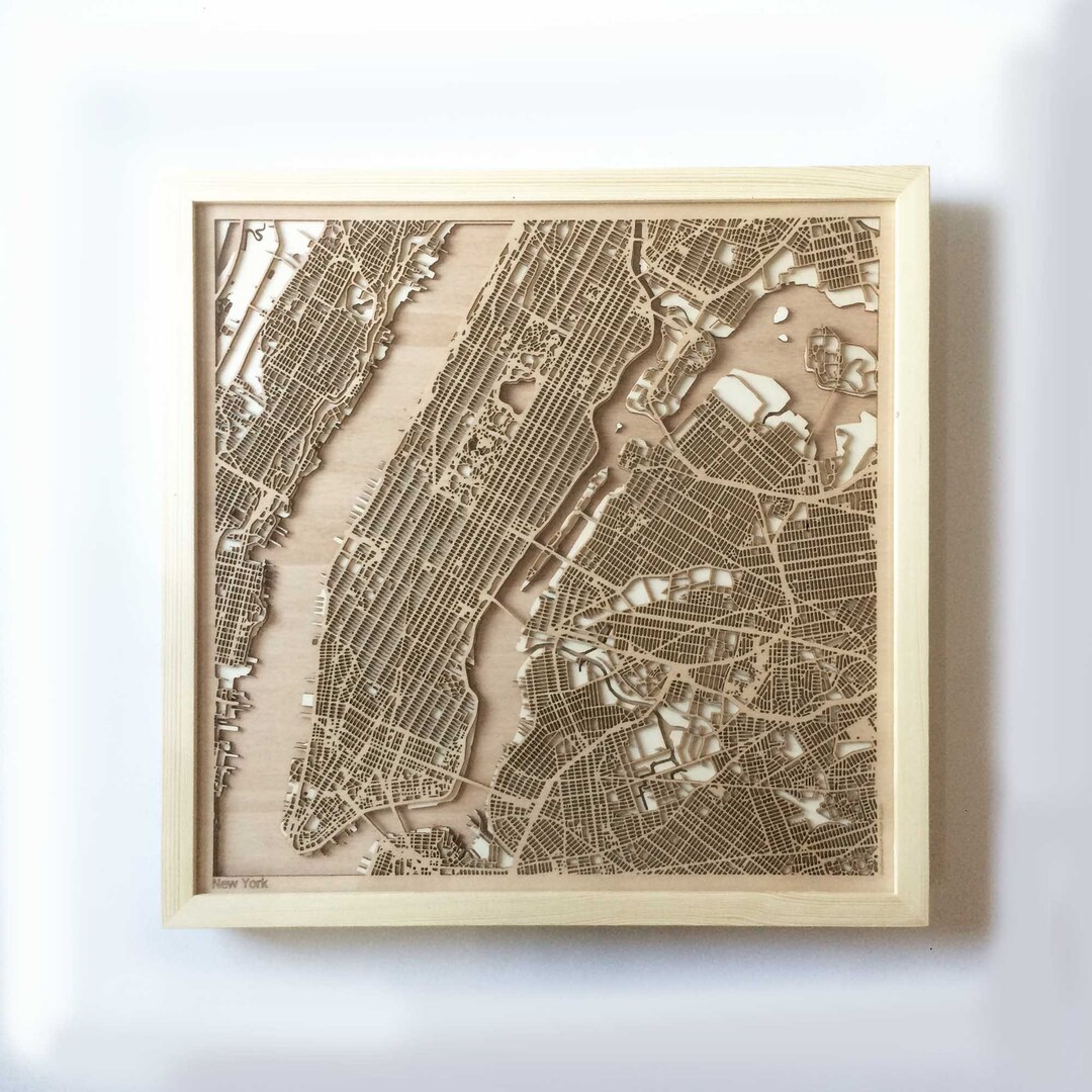 New York Wooden Map - Pinewood Laser Cut Streets City Maps 3d Framed ...