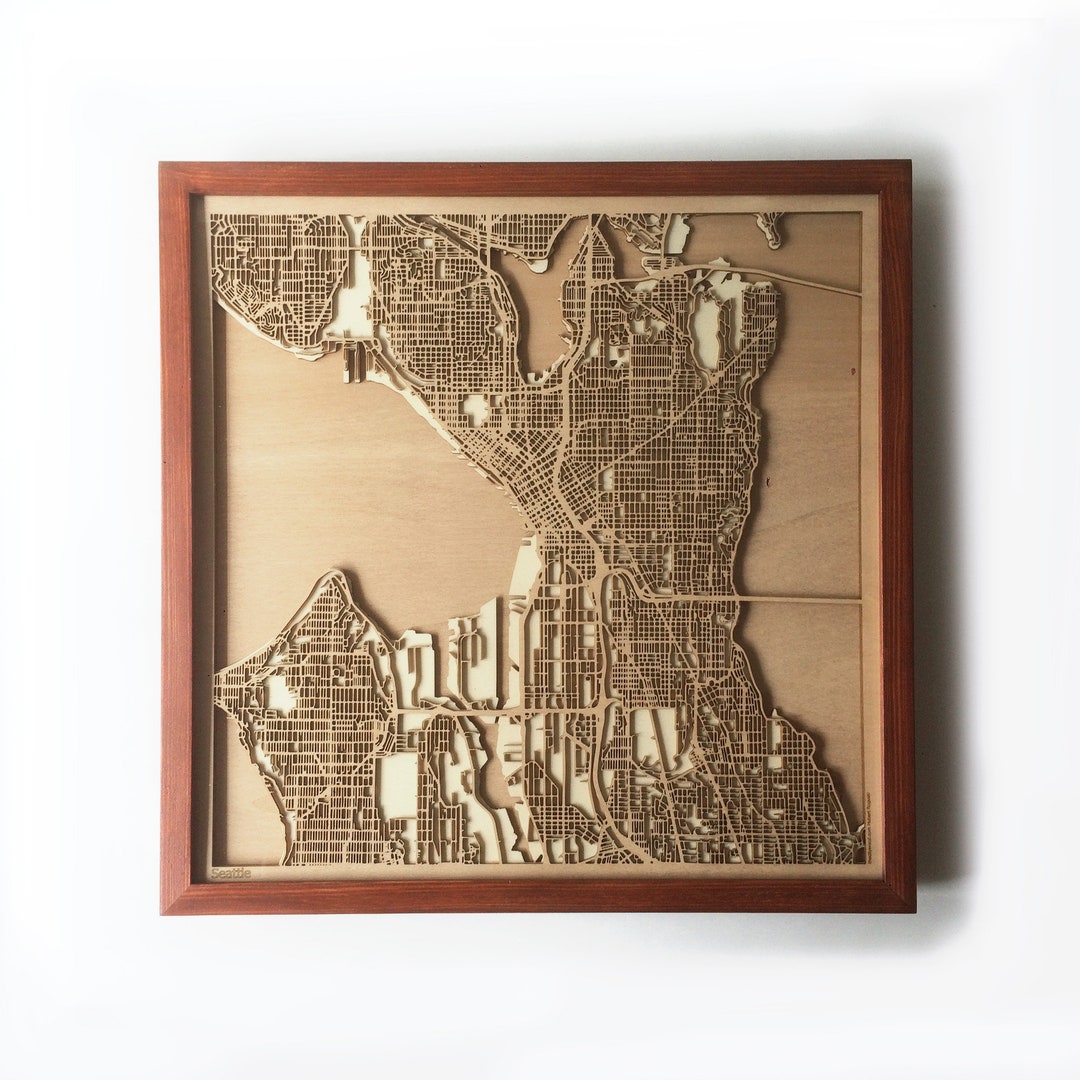 Seattle Wood Map – Mahogany Framed Laser Cut City Streets Art - Etsy