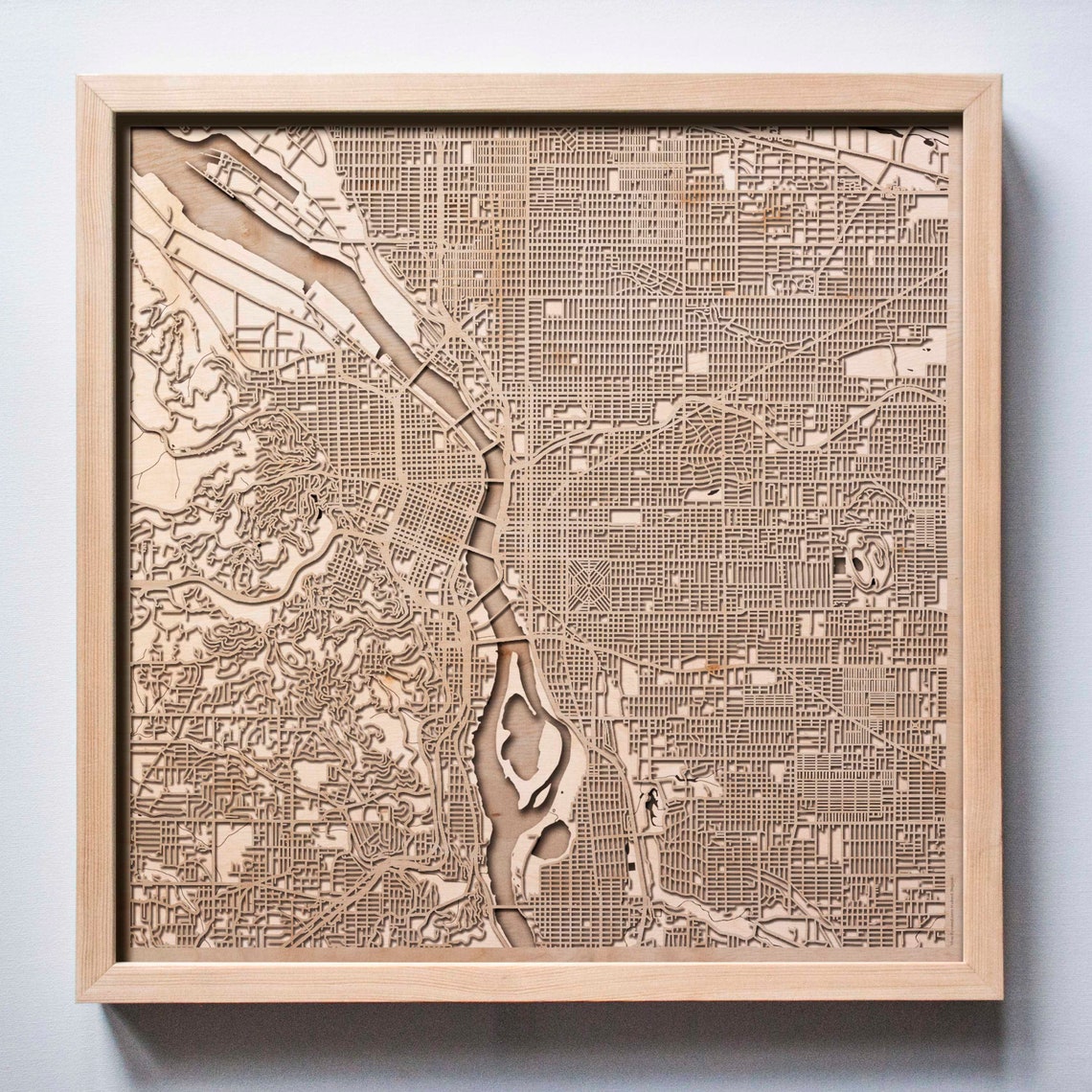 Portland Wooden Map Pinewood Laser Cut Streets City Maps 3d | Etsy