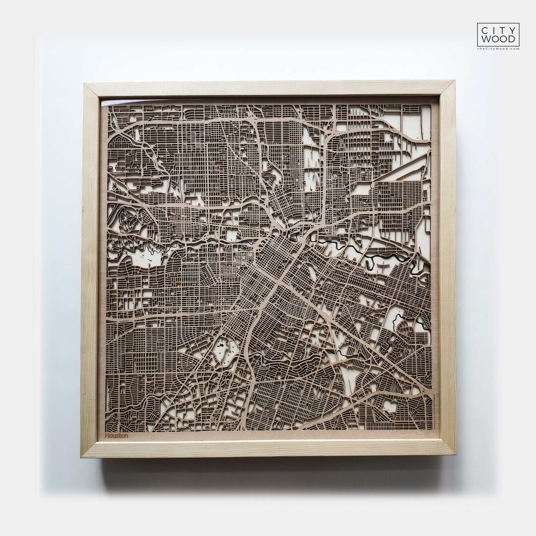 Houston Wooden Map -laser Cut Wood Streets City Maps 3d Framed Minimal ...