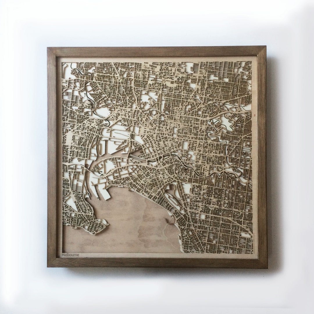 Melbourne Wooden Map - Walnut Laser Cut Wood Streets City Maps 3d ...