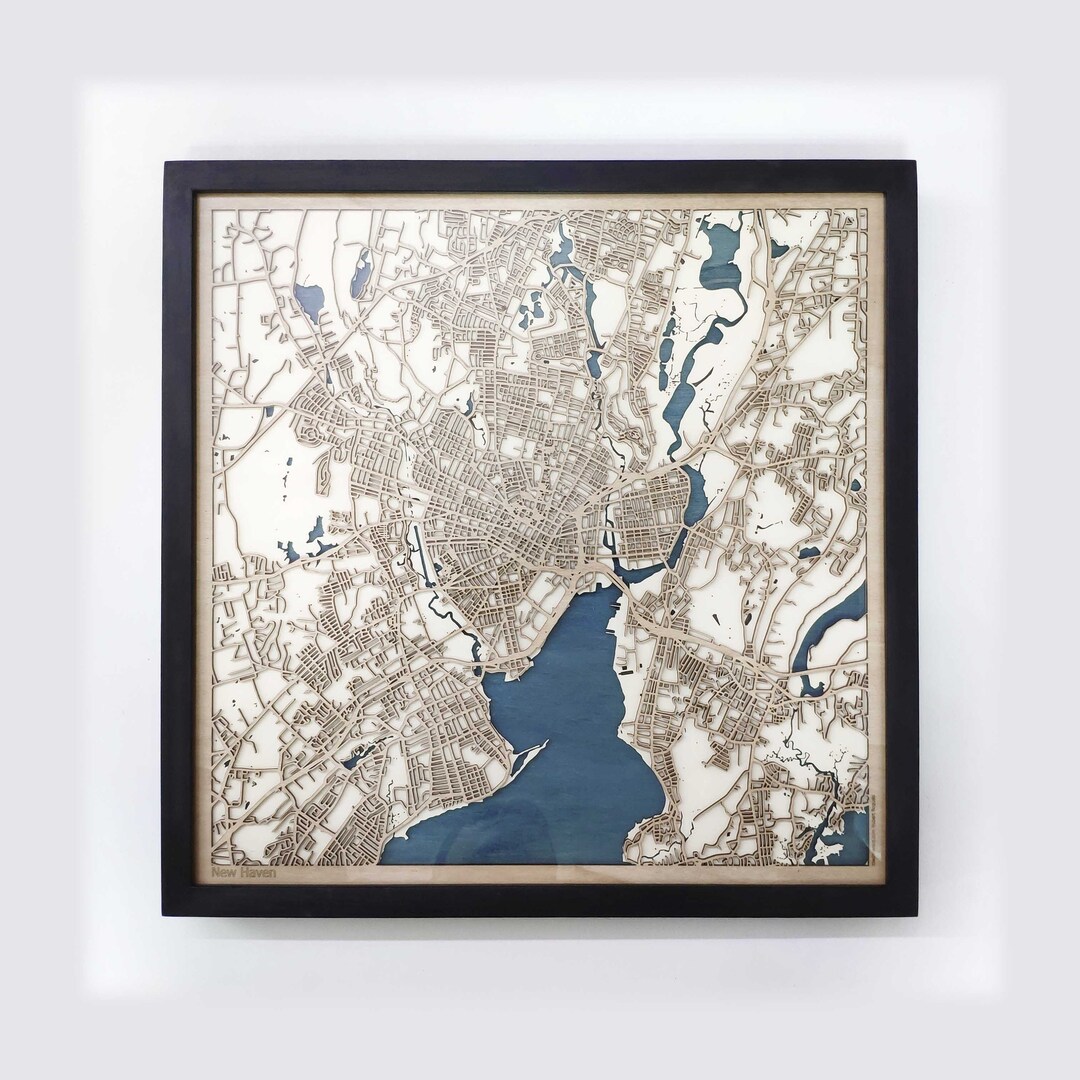 New Haven Wood Map – Laser Cut Framed City Streets, Connecticut Wall ...